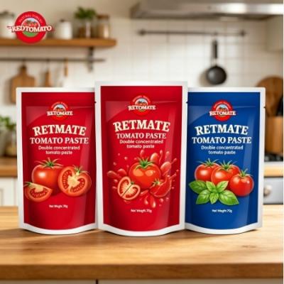 China 70g Double Concentrated High Quality Tomato Paste Sachets Flat And Stand Up Designs for sale