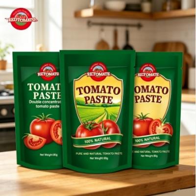 China Various Purity Grade 80g Stand Up Pouch Double Concentrated Tomato Paste for sale