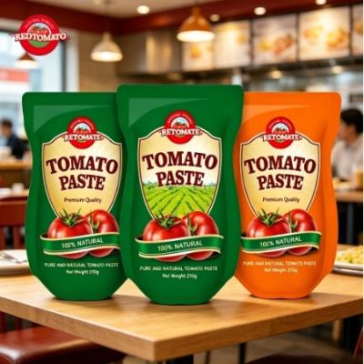 China 210g Stand-up Sachet Tomato Paste with Triple Concentration and ISO HACCP BRC FDA Certification for sale
