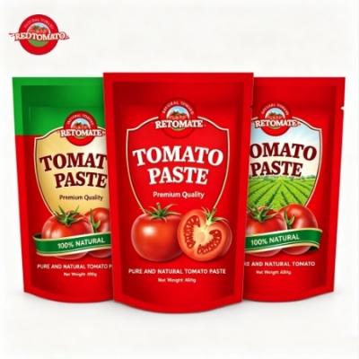 China 400g Stand-Up Sachet Tomato Paste with 30%-100% Purity, Triple Concentration, and ISO, HACCP, BRC, FDA Certification for sale