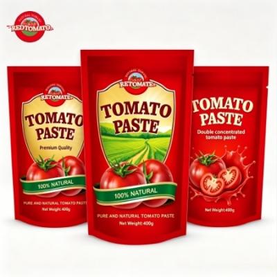 China 400g Stand-Up Sachet Tomato Paste with 30%-100% Purity and Triple Concentration for sale
