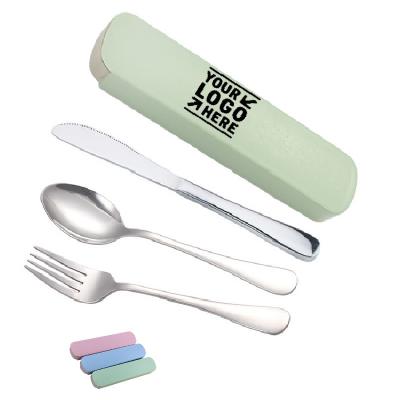 China Custom Brand Print Logo 3 In 1 Stainless Steel Knives and Forks  Portable Travel Cutlery Set for sale