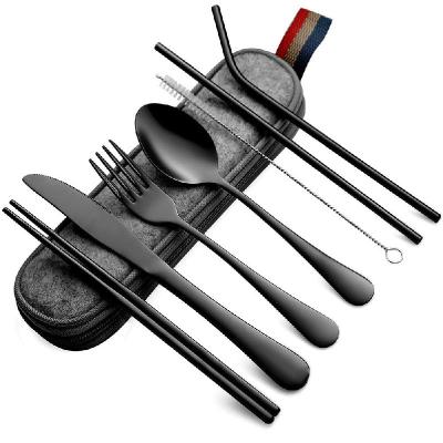 China Custom Logo Brand Printed 7 in 1 Travel Camping Cutlery Set  Stainless Steel Knives And Forks Set for sale