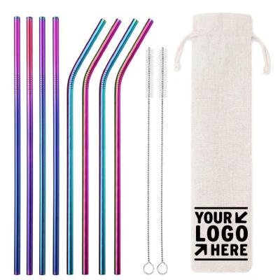China Custom Brand Print Logo 11 Sets Reusable Drinking Rainbow Straws  Stainless Steel Straws  With Cleaning Brush for sale