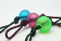 China TPR Dog Ball with Rope Interactive Toy for Heavy Chewers 40x8cm 120g for sale