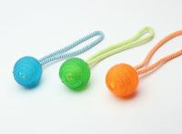 China TPR Soft Rubber Squeaky Ball with Cotton Rope Dog Chew Toy Set 28cm 80g for sale
