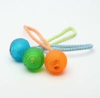 China TPR Soft Rubber Squeaky Ball with Cotton Rope Dog Chew Toy Set 28cm 80g for sale
