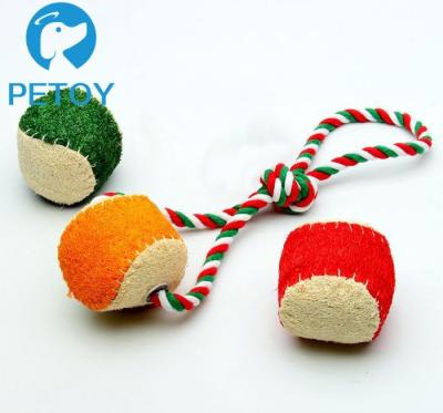 China Natural Loofah Dog Toy with Cotton Rope 7.7cm Diameter 30cm Rope BSCI Approved for sale