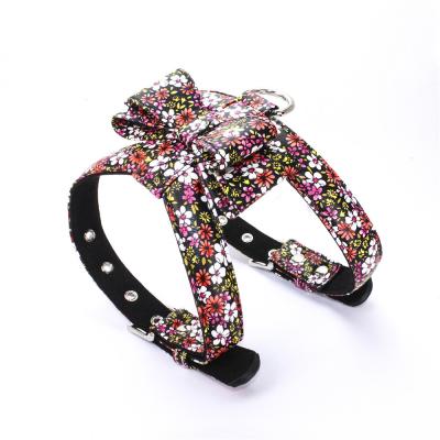 China No Pull Leather Dog Walking Training Harness with Bow Floral Design S M L for sale
