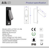 China impaction hotel wall light with usb port 3W usb book lighting rechargeable headboard led bed wall light for sale