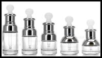 China Transparent Glass Cosmetic Bottles Silver Shoulder Collar White Bulp Dropper Essential Oil Vials for sale
