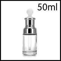 China Transparent Glass Cosmetic Bottles Silver Shoulder Collar White Bulp Dropper Essential Oil Vials for sale