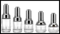 China Transparent Glass Cosmetic Bottles Silver Shoulder Collar White Bulp Dropper Essential Oil Vials for sale