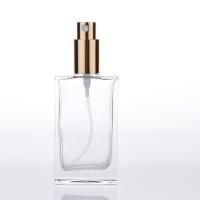 China Flat Square Glass Perfume Spray Bottles Metallic Pump 50ml Capacity Refillable for sale