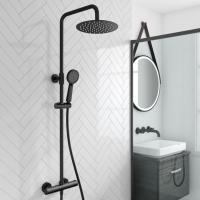 China HONAUS Wall Mounted Exposed Shower Set Matt Black Dual Control Thermostatic 2 Outlet for sale