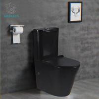 China Black Rimless Two Piece Toilet 825x360x460mm Floor Mounted Wash Down WC with Soft Close Seat for sale