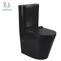 China Black Rimless Two Piece Toilet 825x360x460mm Floor Mounted Wash Down WC with Soft Close Seat for sale