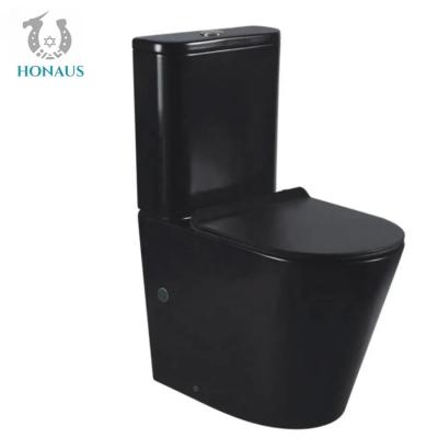 China Black Rimless Two Piece Toilet 825x360x460mm Floor Mounted Wash Down WC with Soft Close Seat for sale