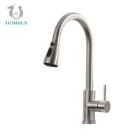China SUS304 Stainless Steel Kitchen Faucet Brushed Finish Pull-Out Dual Function 400mm Height Basin Tap for sale
