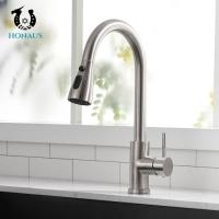 China SUS304 Stainless Steel Kitchen Faucet Brushed Finish Pull-Out Dual Function 400mm Height Basin Tap for sale