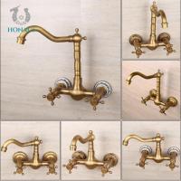 China Antique Copper Wall Mounted Bathtub Faucet Double Switch Hot Cold Water 150x175x160mm for sale