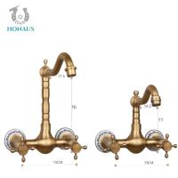 China Antique Copper Wall Mounted Bathtub Faucet Double Switch Hot Cold Water 150x175x160mm for sale