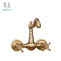 China Antique Copper Wall Mounted Bathtub Faucet Double Switch Hot Cold Water 150x175x160mm for sale