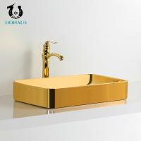 China Luxury Bathroom Countertop Basin Electroplated Gold Ceramic Mirror Surface for sale