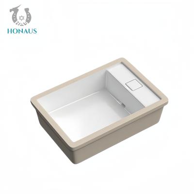 China Modern Rectangular Inset Basin Ceramic White 600x420mm Side Drainage Button Under Mount Sink for sale