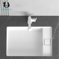 China Modern Rectangular Inset Basin Ceramic White 600x420mm Side Drainage Button Under Mount Sink for sale