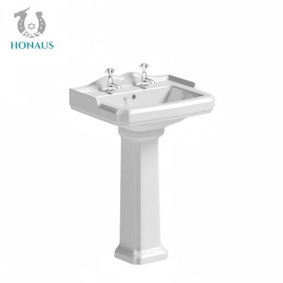 China Classic Ceramic Full Pedestal Wash Basin 590x470x280x900mm Retro White Single Faucet Hole for sale