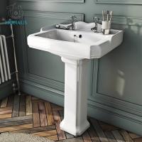 China Classic Ceramic Full Pedestal Wash Basin 590x470x280x900mm Retro White Single Faucet Hole for sale