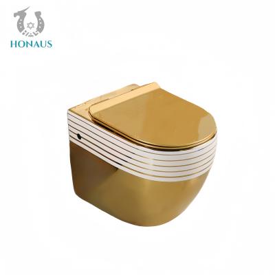 China Luxury Wall Hung Toilet Bowl Golden Electroplated Ceramic Nano Glaze 3/6L Dual Flush 200kg Load for sale