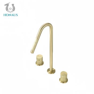 China Luxury Wash Basin Faucet Copper Body Electroplated Golden Two Handles Mixer Hot Cold Water for sale