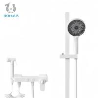 China Three Handle Exposed Shower Set with Multi Mode Handheld Spray 3 Outlets Brass Wall Mounted for sale
