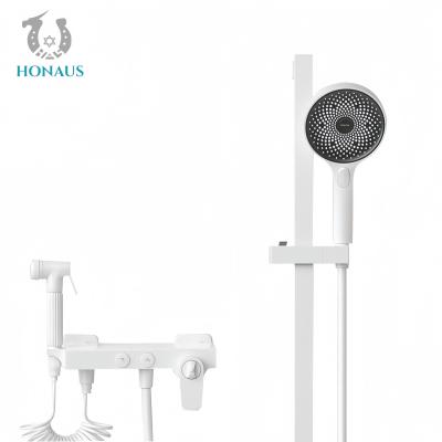 China Three Handle Exposed Shower Set with Multi Mode Handheld Spray 3 Outlets Brass Wall Mounted for sale