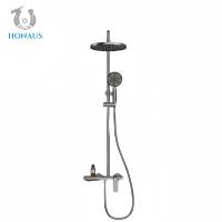China Wall Mounted Exposed Shower Set Brass Body White Gold Ceramic Valve Core Three Outlets Luxury Hotel for sale