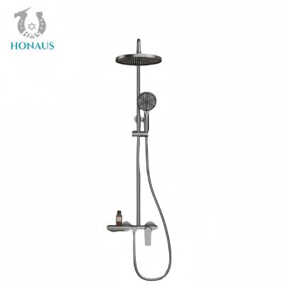 China Wall Mounted Exposed Shower Set Brass Body White Gold Ceramic Valve Core Three Outlets Luxury Hotel for sale