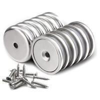 China Round Base Cup Neodymium Magnet Pot With Heavy Duty Countersunk Hole And Stainless Screws for sale