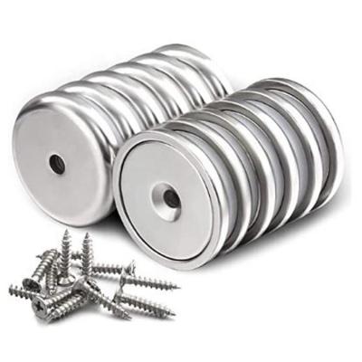 China Round Base Cup Neodymium Magnet Pot With Heavy Duty Countersunk Hole And Stainless Screws for sale