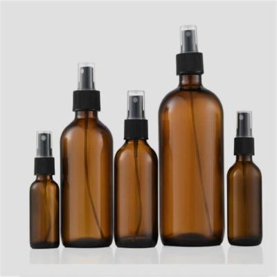 China Amber Glass Boston Round Spray Bottle 18mm Mist Sprayer 5ml-100ml Reusable Portable for sale
