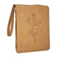 China Dustproof Genuine Leather Bible Case Bag With Hand Strap Floral Debossed Zipper for sale