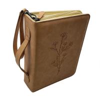 China Dustproof Genuine Leather Bible Case Bag With Hand Strap Floral Debossed Zipper for sale