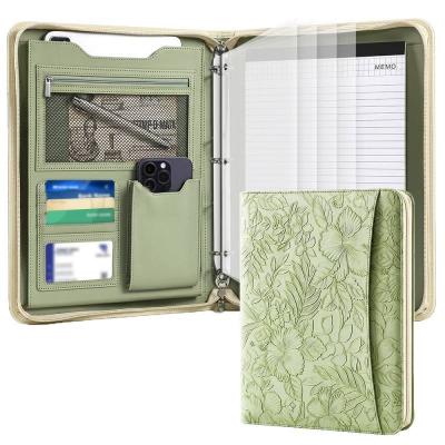 China Custom Leather Folder 3-Ring Binder A4 Multi-functional Zipper Portfolio Manager Folder for sale
