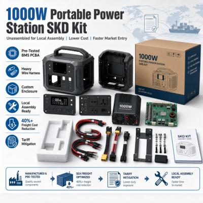 China 1000W Unassembled Portable Power Station SKD Kit with Pre-Tested BMS PCBA, Heavy Wire Harness, and Custom Enclosure (Excludes Cells) for sale