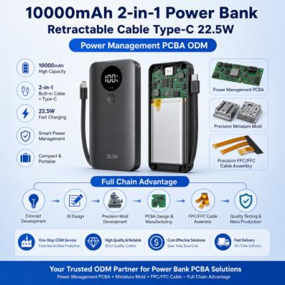 China 10000mAh 2-in-1 Power Bank Retractable Cable Type-C 22.5W Power Management PCBA ODM for sale