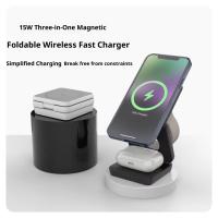 China 3 In 1 Folding Magnetic Wireless Charger 15W Fold Fast Charging Stand Mobile Phone Support Portable Foldable Wireless Charger for sale