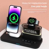 China 5 In 1 Magnetic Wireless Stand Dock Charger With Holder iPhone Android Night Light Alarm Clock 15W Fast Charging for sale