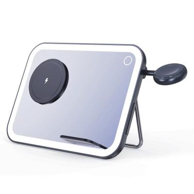 China Qi2 Phone Watch Earbud Charger LED Light Lamp Station 3 In 1 Magnetic Wireless Lighted Makeup Mirror for sale