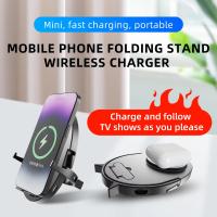 China Portable Mini Fast Charging Mobile Phone Folding Stand 2 In 1 Wireless Charger 15W For Smart Phone Earphone for sale